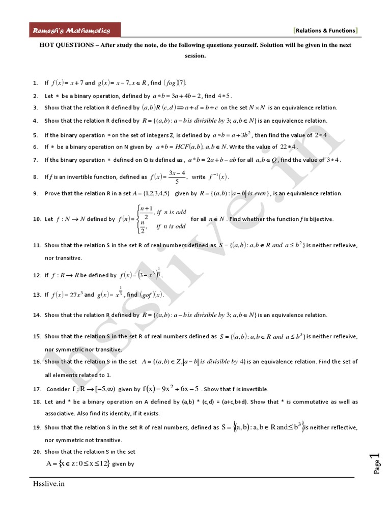 Relations and Functions: Key Questions | PDF | Function (Mathematics ...
