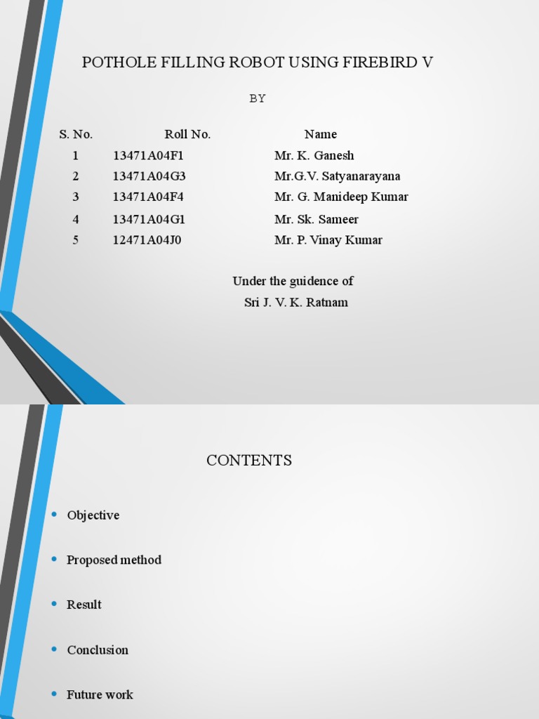 Pothole Filling Robot Using Firebird V | PDF | Computer Hardware | Computer Engineering