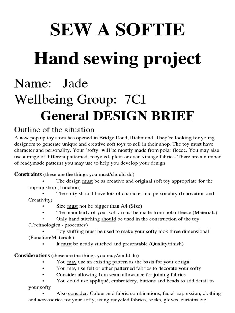 Sew A Softie Hand Sewing Project: Name: Jade Wellbeing Group: 7CI ...