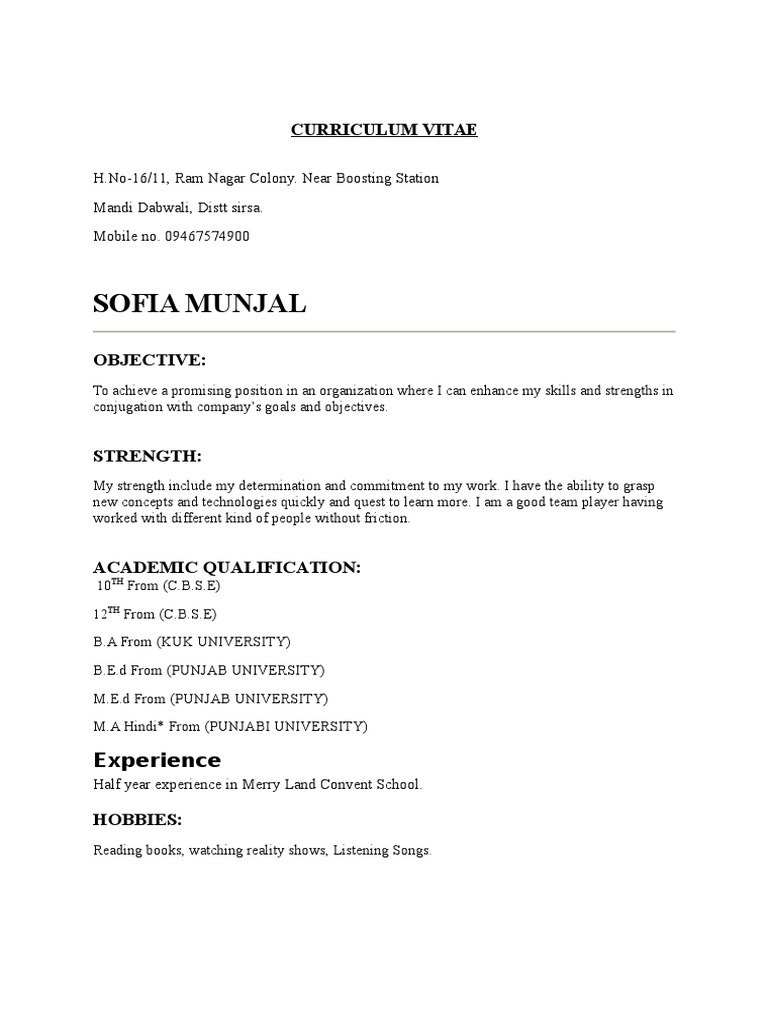 Sofia Munjal: Curriculum Vitae | PDF | Behavior Modification | Cognition