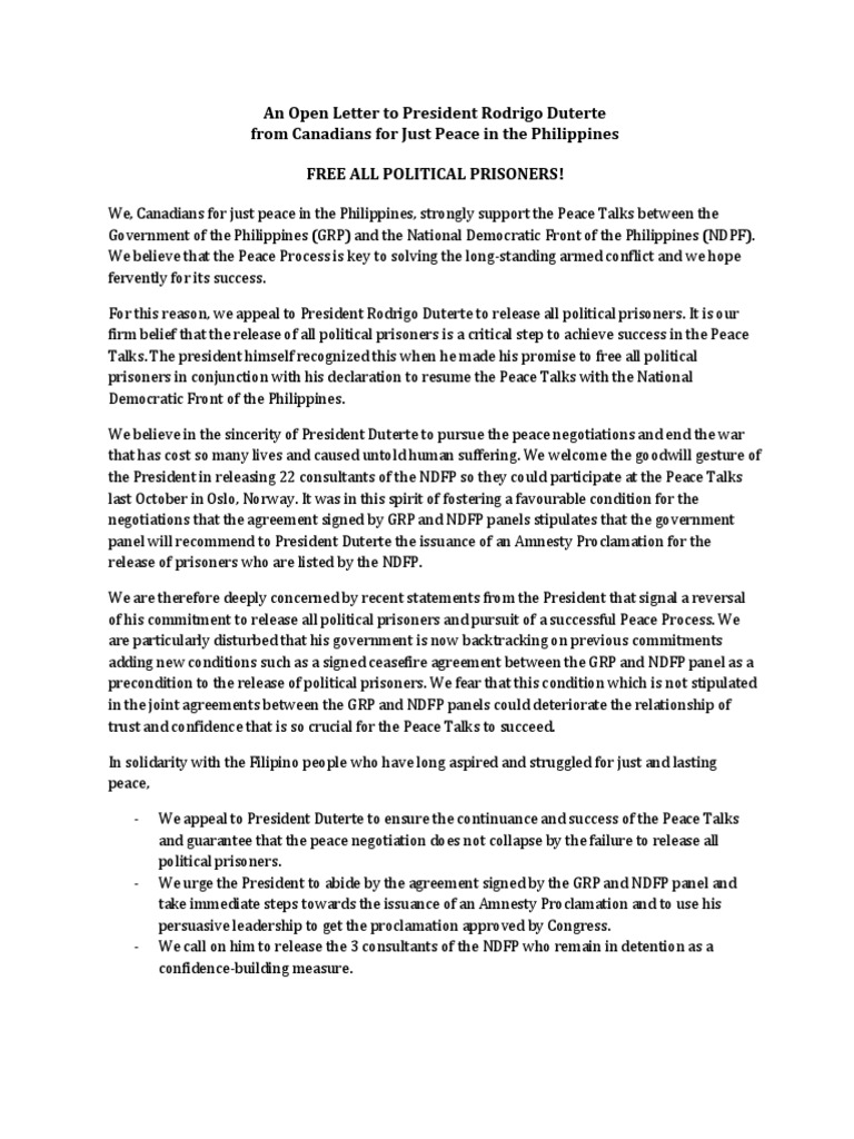 Open Letter To President Duterte For Release of All Political Prisoners ...