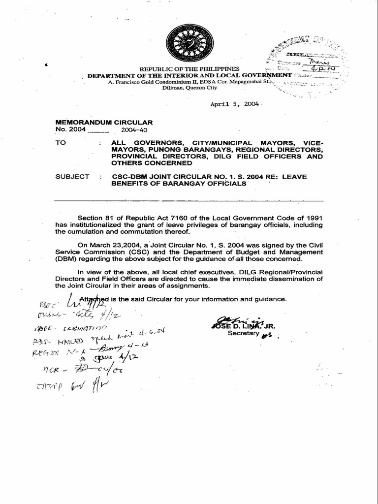 DILG MC2004-040 - Barangay Officials Leave Benefits PDF