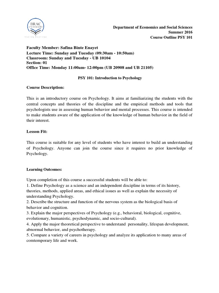 PSY 101.course Outline, Summer '16 | PDF | Emotions | Psychology