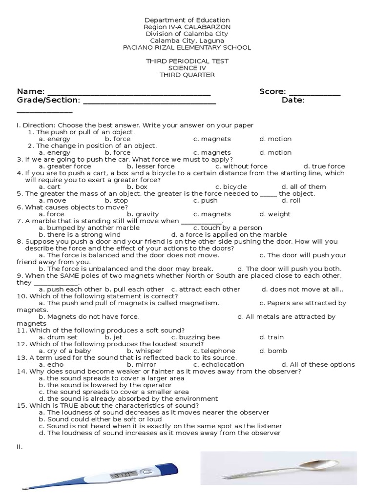 Third Periodical Test Science | PDF | Force | Light Third Periodical Test Science | PDF | Force | Light