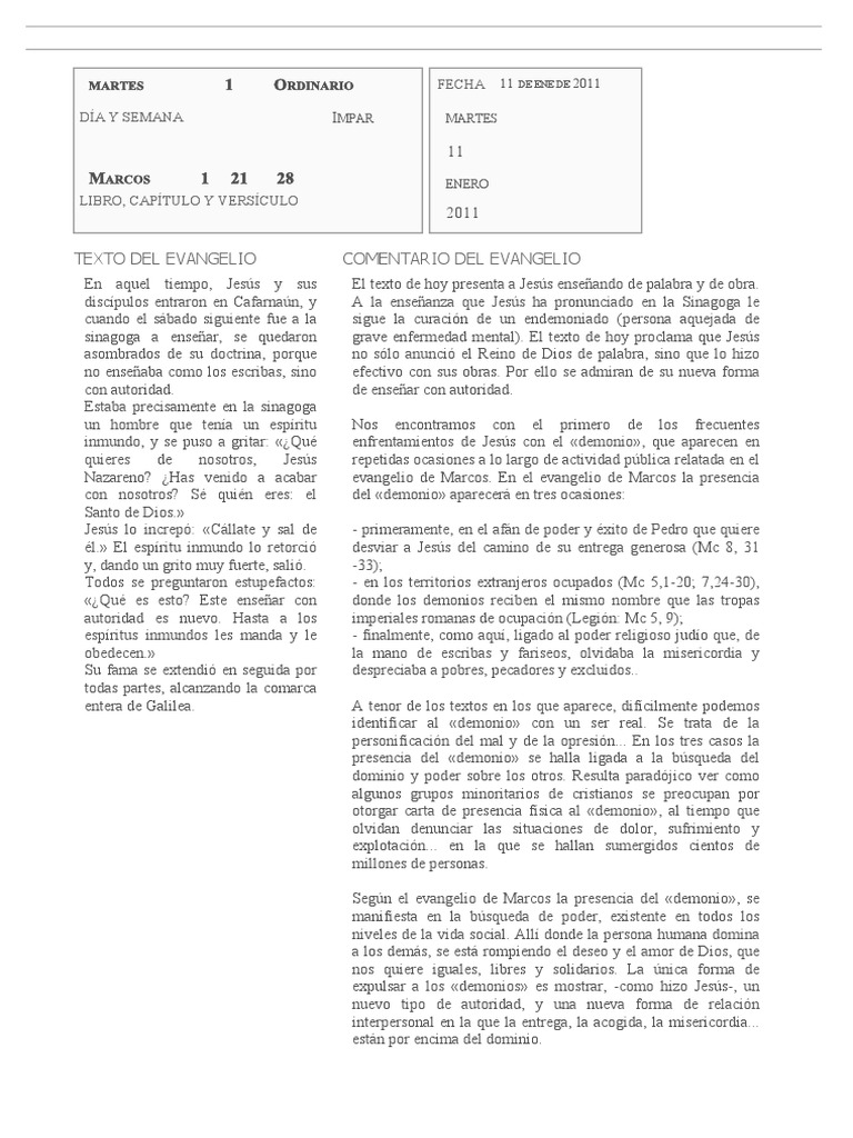 Comentario Marcos 1, 21-28 | PDF | Demonios | Evangelios