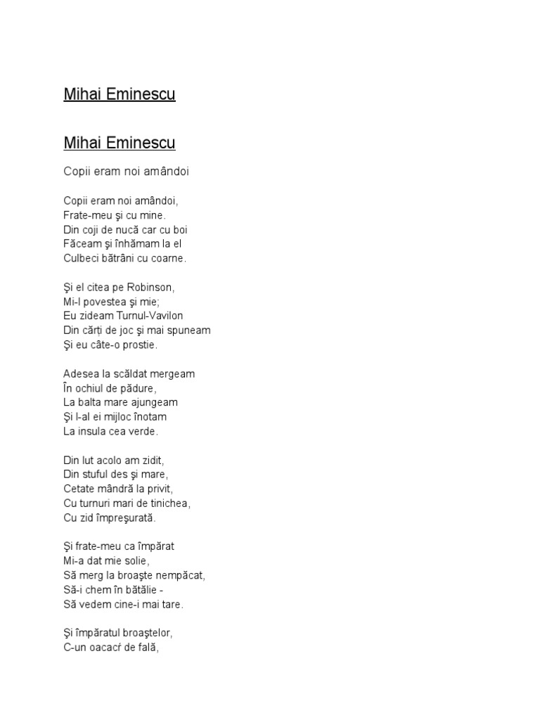 Copii Eram Noi Amandoi-Mihai Eminescu | PDF