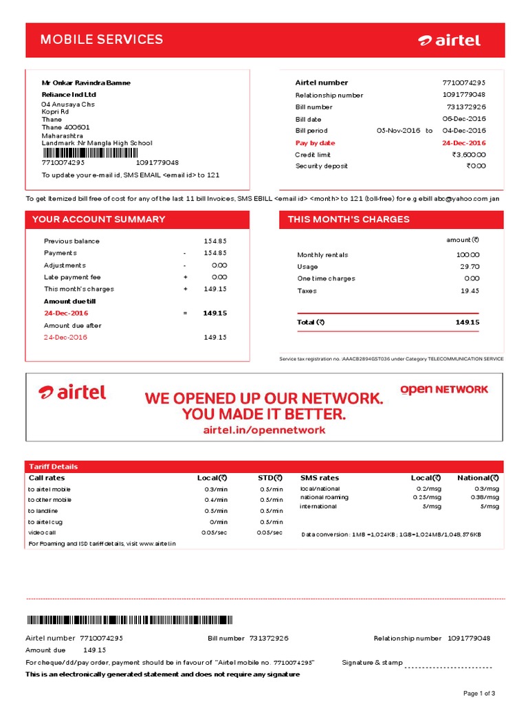 Postpaid Bill 7710074295 DEC | Invoice | Telecommunications