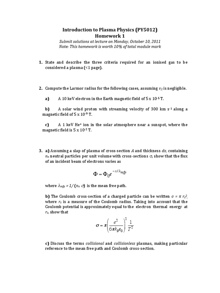 Introduction To Plasma Physics (PY5012) Homework 1 | PDF