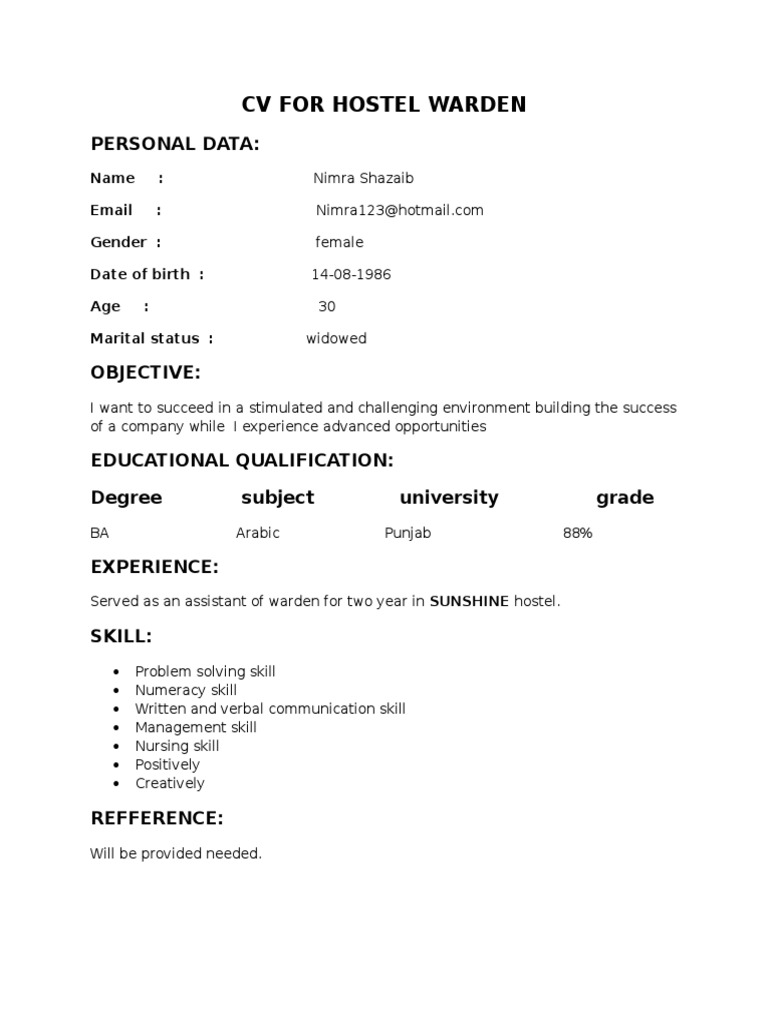 CV For Hostel Warden: Personal Data | PDF