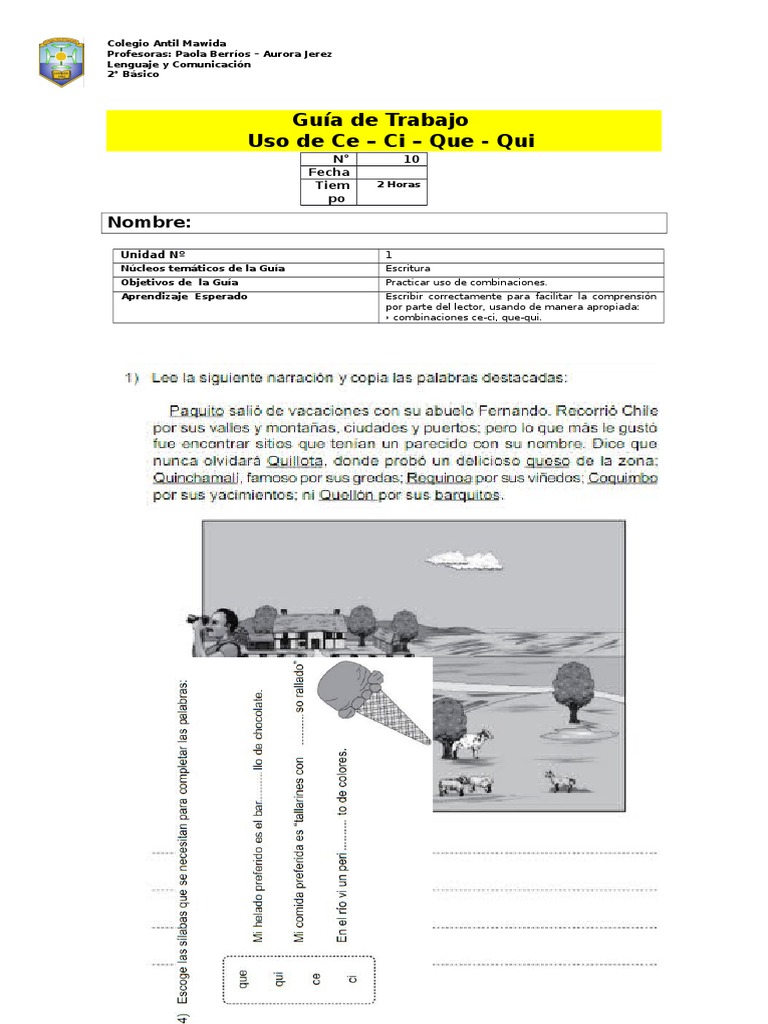 Guía de Lenguaje 2° Básico: Ce, Ci, Que, Qui | PDF