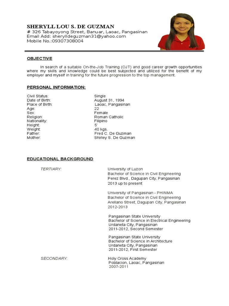 Sheryll Lou S. de Guzman: Objective | PDF | Engineering | Science And ...