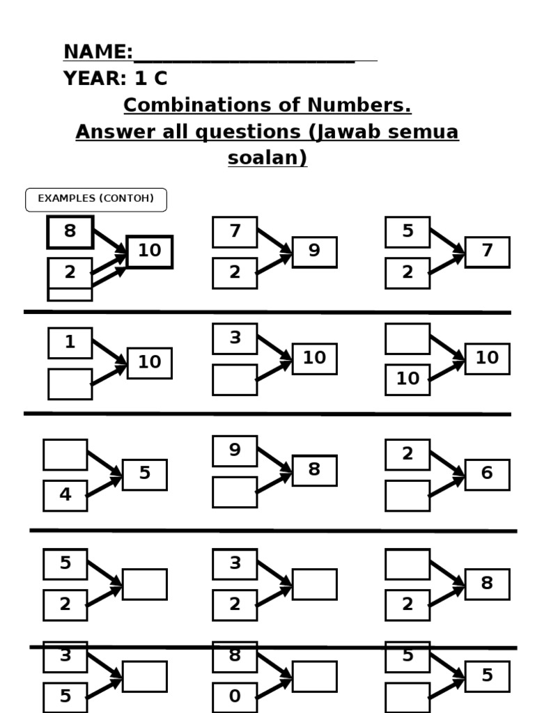 Year 1 Number Combinations Worksheet | PDF | Teaching Methods & Materials