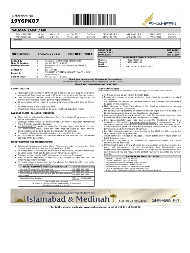 Shaheen Air Ticket - 19Y6PKO7 | PDF | Ticket (Admission) | Baggage