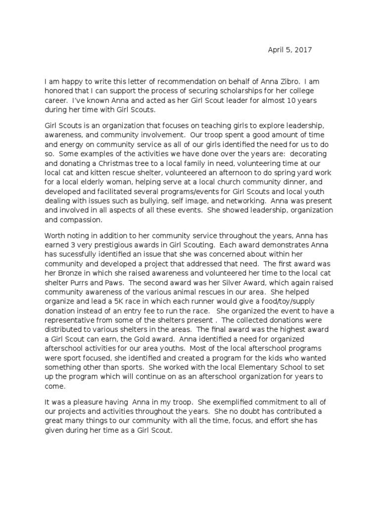 Girl Scout Recomendation Letter | PDF | Scouting | Leadership