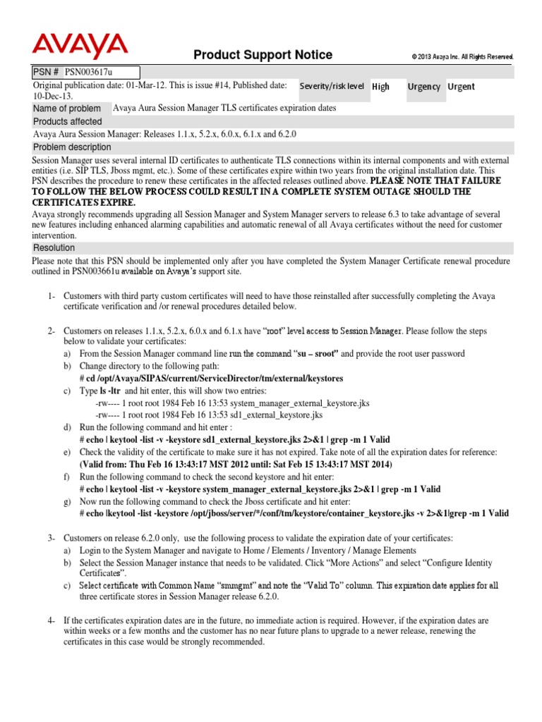 Avaya Aura Session Manager TLS Certificates Expiration Dates | PDF ...