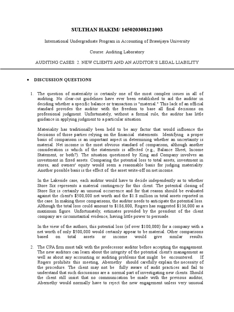 Auditing Case Study on Materiality, Legal Liability, and Client ...