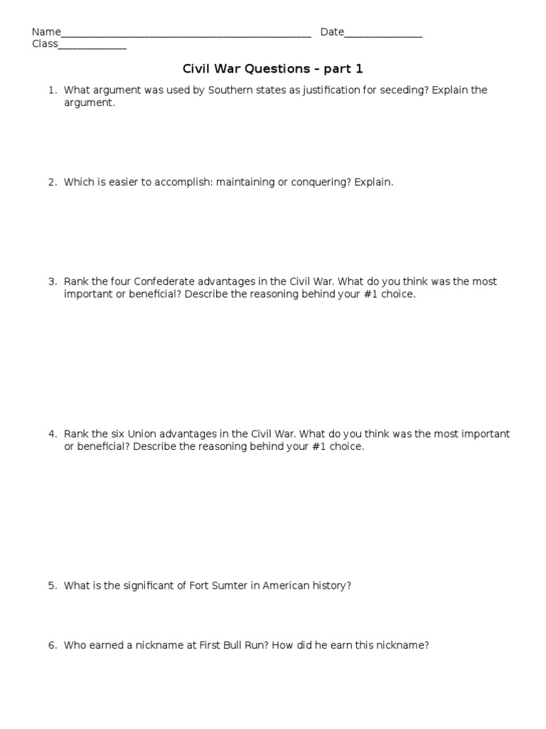 Civil War Study Questions | PDF | History