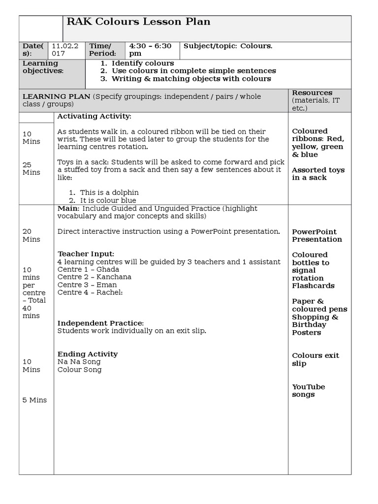 Week 2 Lesson Plan - Colours | Download Free PDF | Educational ...
