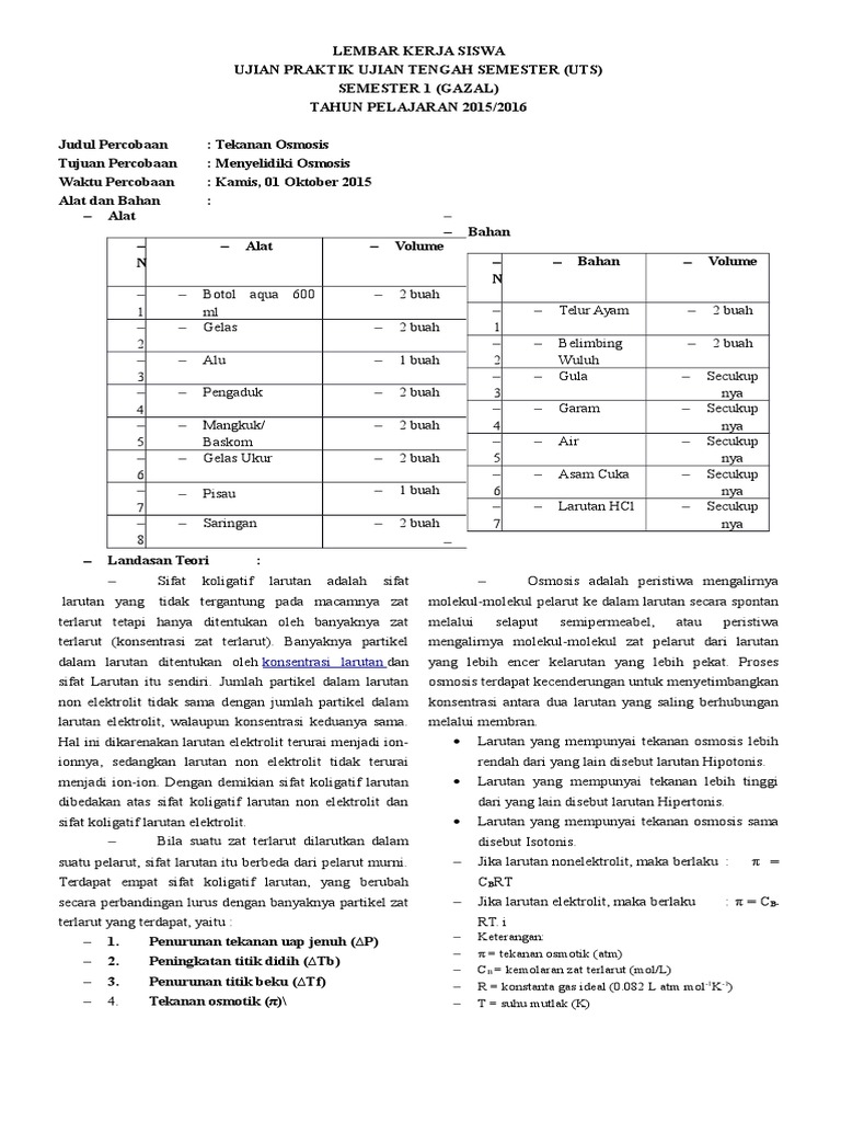 LKS PRAKTIKUM KIMIA Tekanan Osmosis Semester 1 Kelas XII IPA | PDF