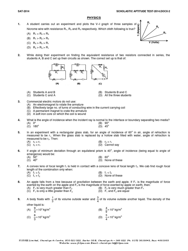 Physics: SAT-2014 Scholastic Aptitude Test-2014.Docx-2 | PDF | Sodium ...