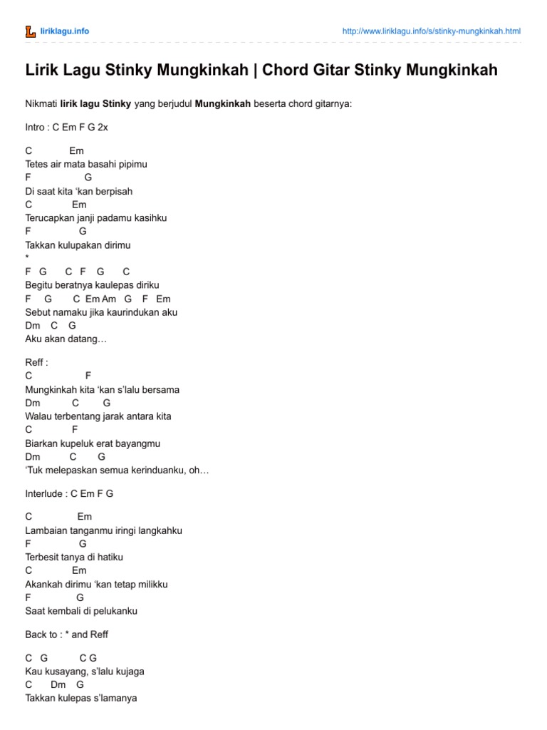 Lirik Lagu Stinky Mungkinkah Chord Gitar Stinky Mungkinkah | PDF