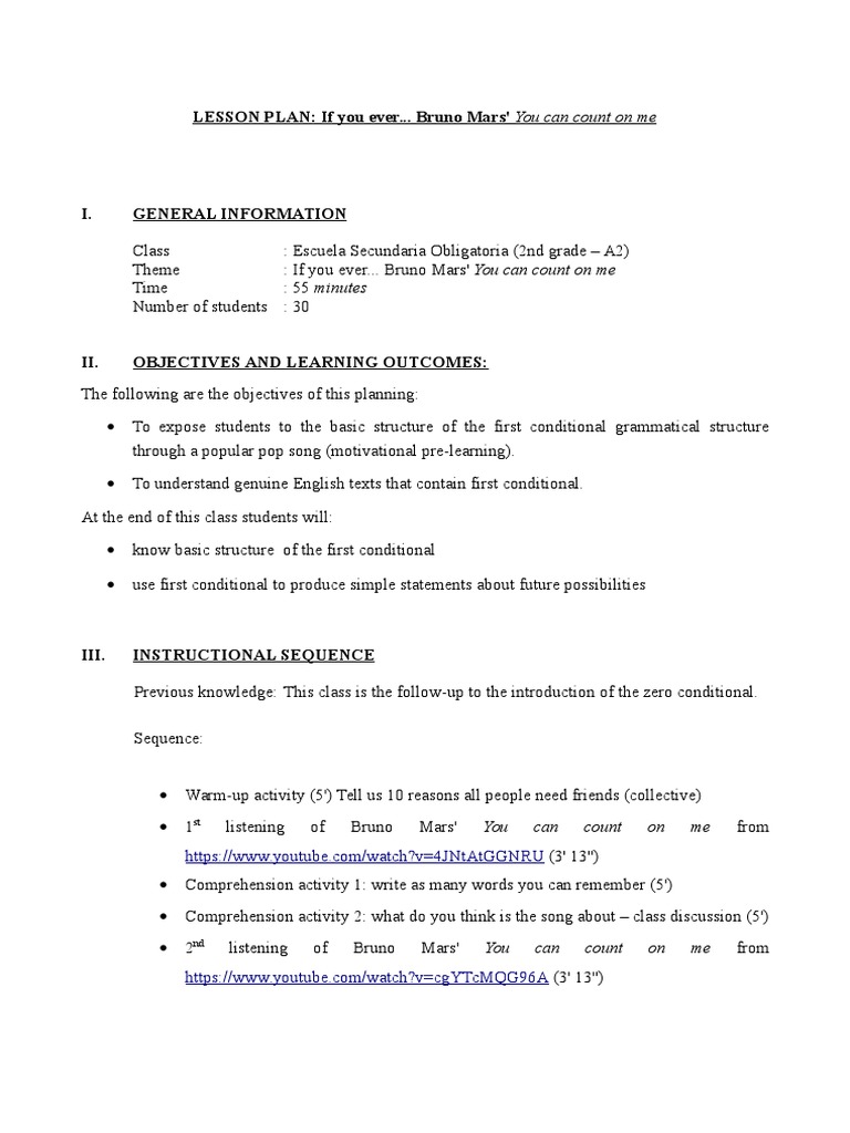 Bruno Mars Count On Me Lesson Plan | PDF | Reading Comprehension ...