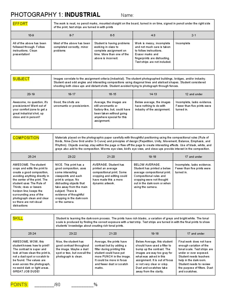 Photography 1 Industrialprojectrubric | PDF | Composition (Visual Arts ...