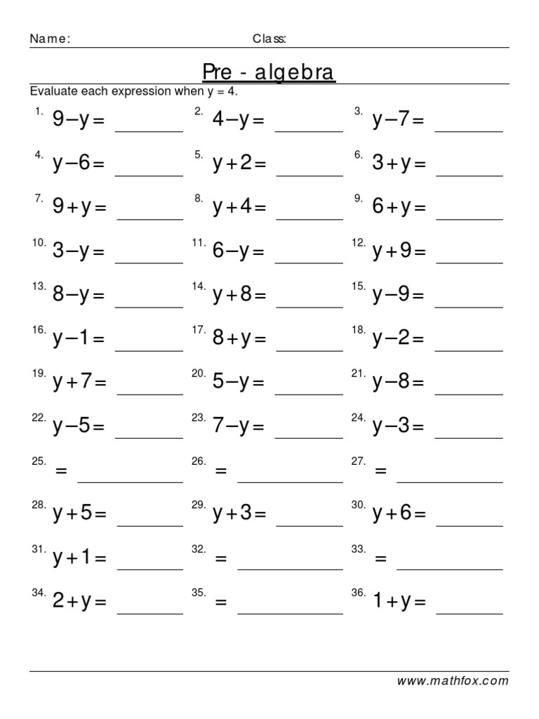 Pre-Algebra Expressions Evaluated at y=4 | PDF | Equations | Algebra
