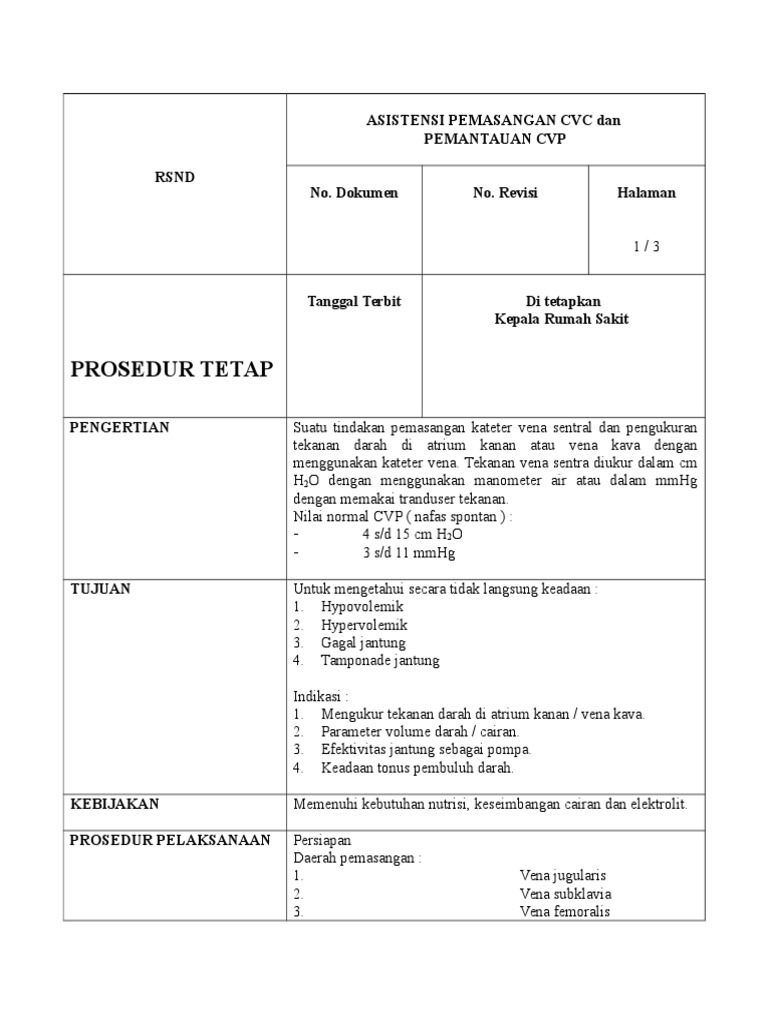Spo Asistensi Pemasangan CVC Dan Pemantauan CVP | PDF