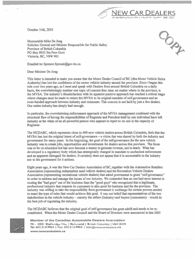 New Car Dealers - Letters