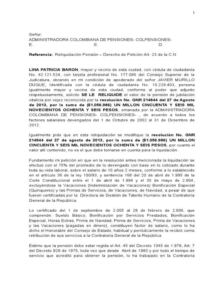 Derecho de Peticion Reliquidacion Pension | PDF | Pensión | Salario Derecho de Peticion Reliquidacion Pension | PDF | Pensión | Salario
