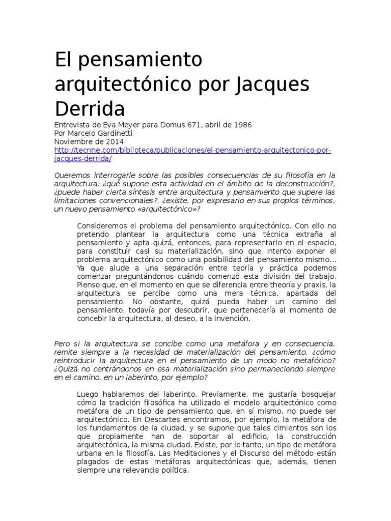El Pensamiento Arquitectónico Por Jacques Derrida | PDF ...