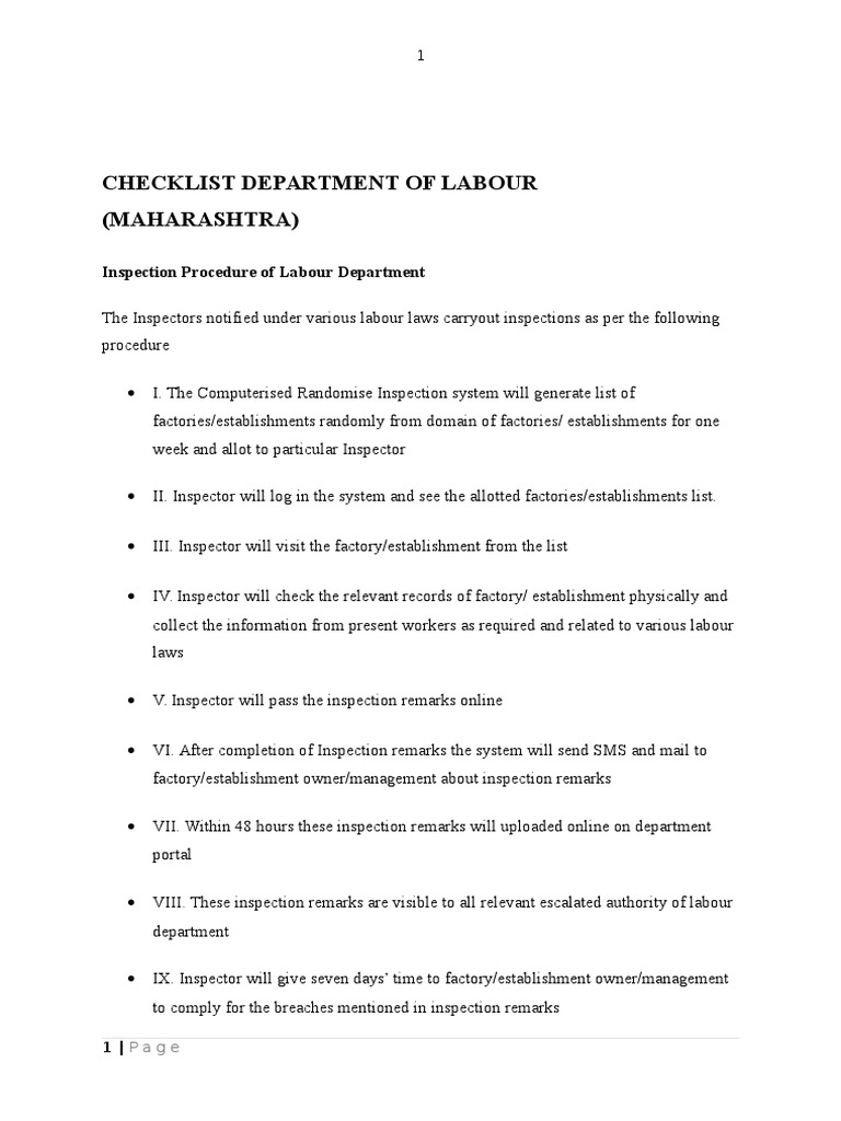 Checklist Department Of Labour (Maharashtra)