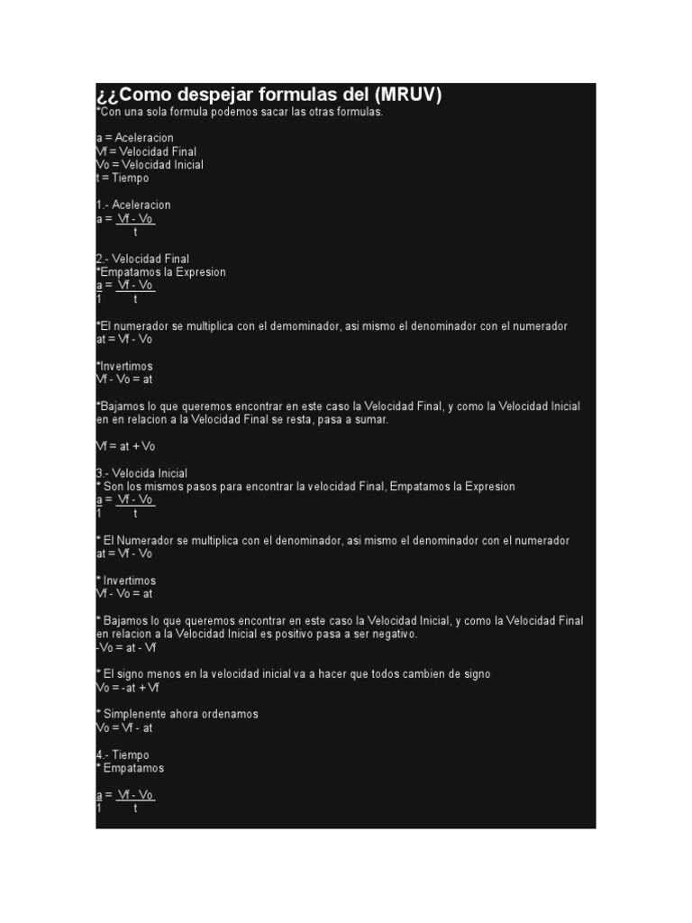Como Despejar Formulas Del Mruv Mvto Rectilineo Uniforme Acelerado ...