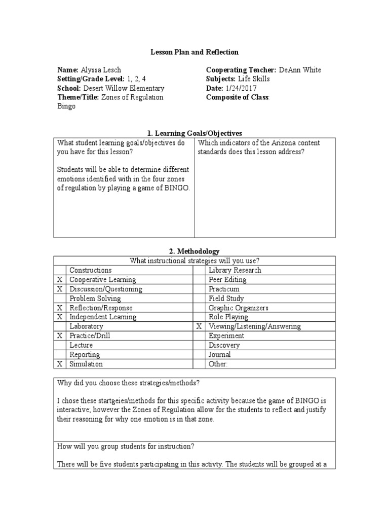 Zones of Regulation Bingo Lesson | PDF | Educational Assessment ...
