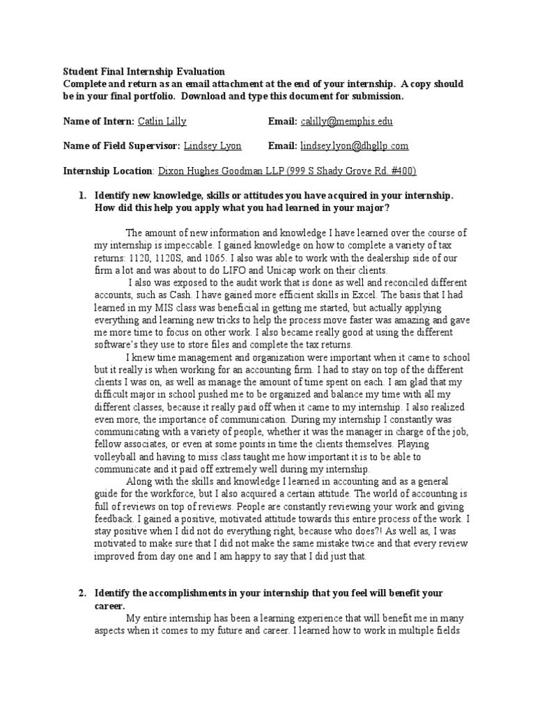 Student Final Internship Evaluation | PDF | Internship | Job Hunting