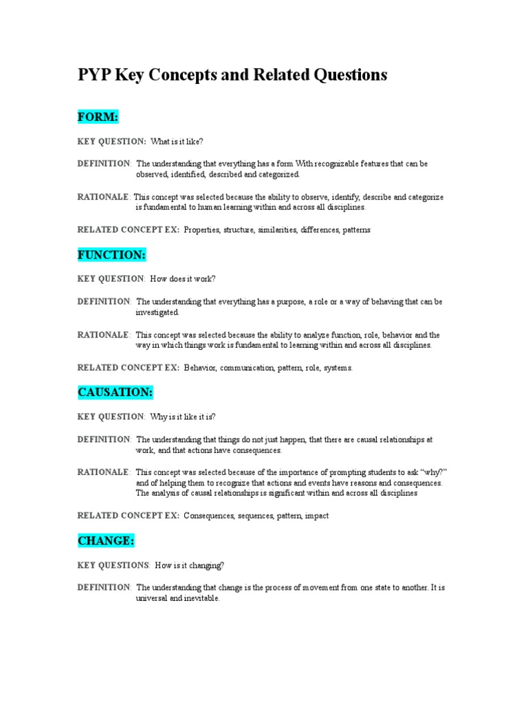Pyp Key Concepts and Related Questions | PDF | Causality | Concept