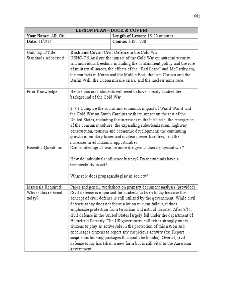 Civil Defense Lesson Plan - Hist 700 | PDF | Civil Defense | National ...