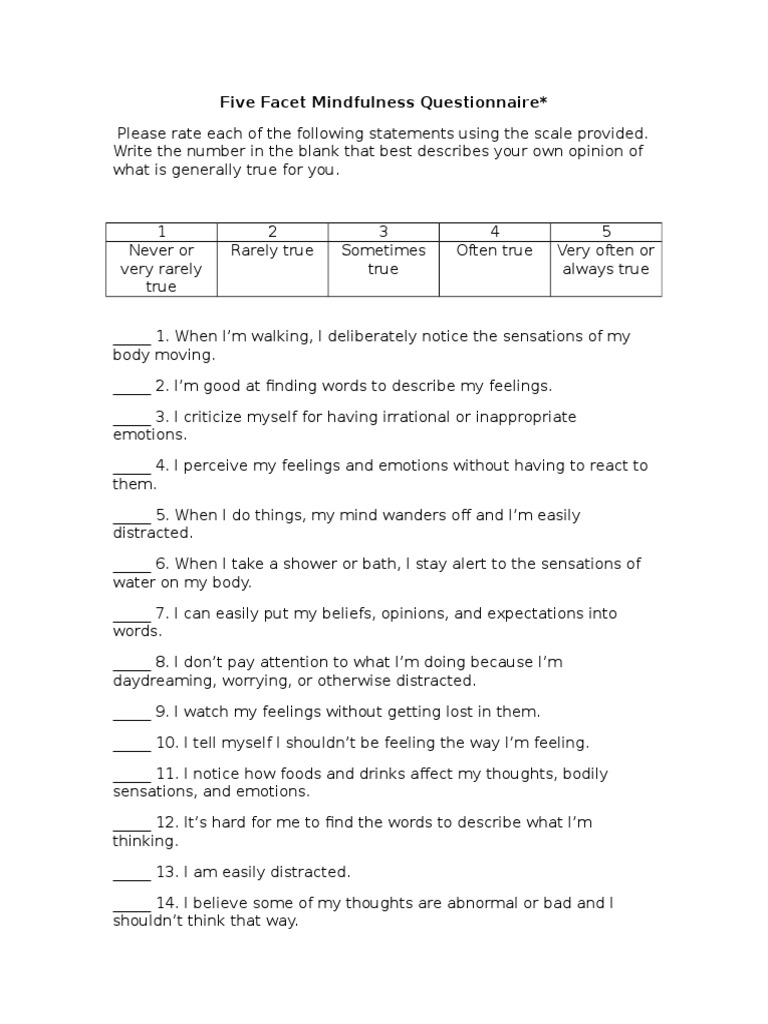 Five Facet Mindfulness Questionnaire | PDF | Mindfulness | Emotions