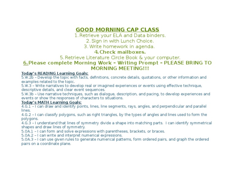 5th Grade Morning Class Agenda | PDF