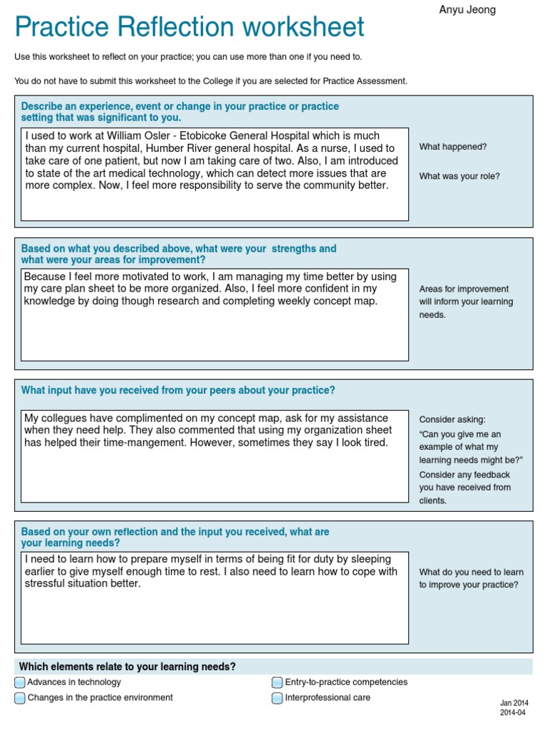 Qa Practice Reflection Worksheet | PDF | Hospital | Nursing