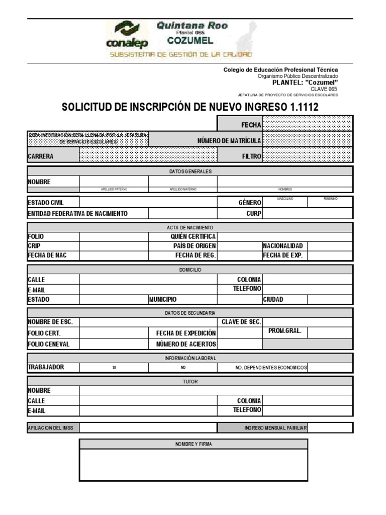 Solicitud de Inscripcion Conalep | PDF