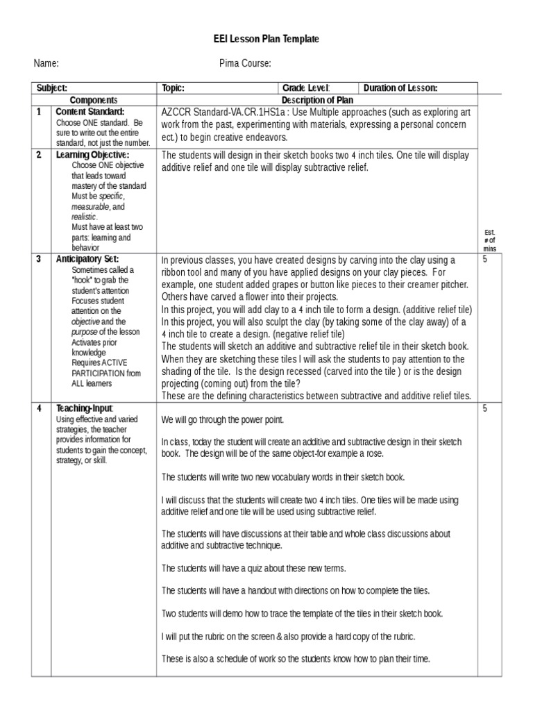Eei Lesson Plan Additive and Subtractive Tiles Semester 2 | PDF ...