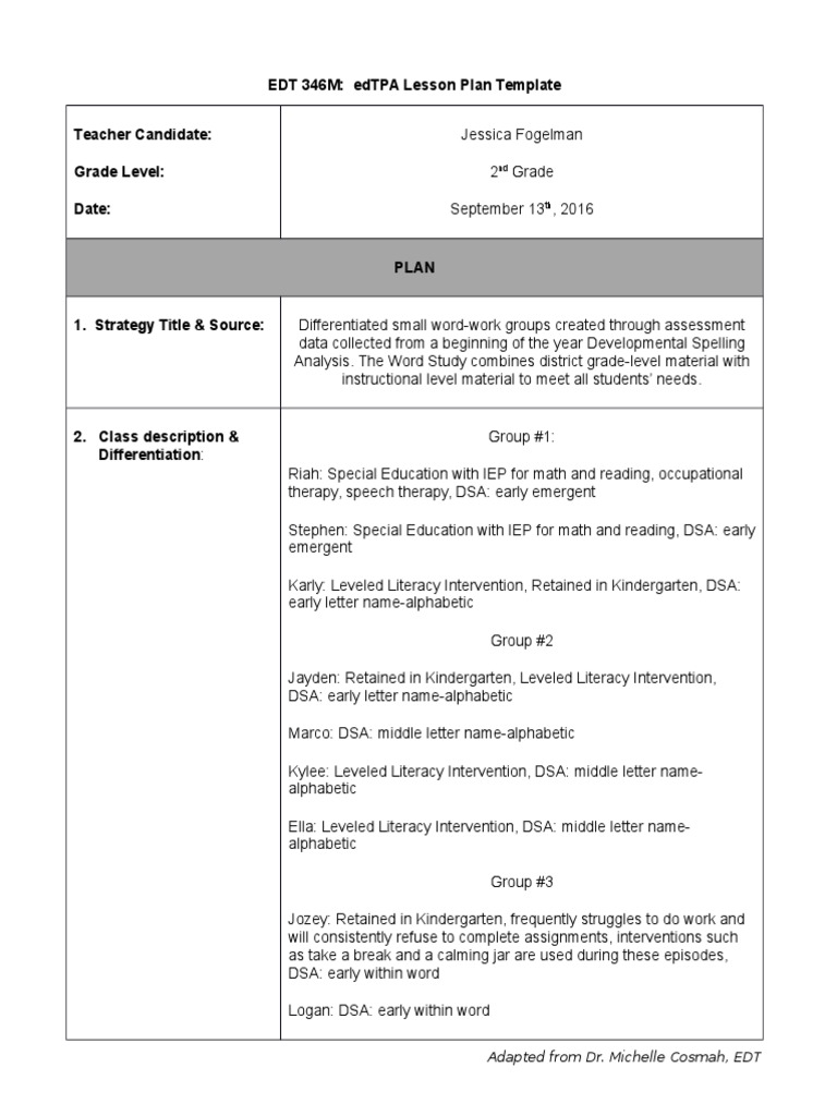 Edt 346M: Edtpa Lesson Plan Template Teacher Candidate: Grade Level ...