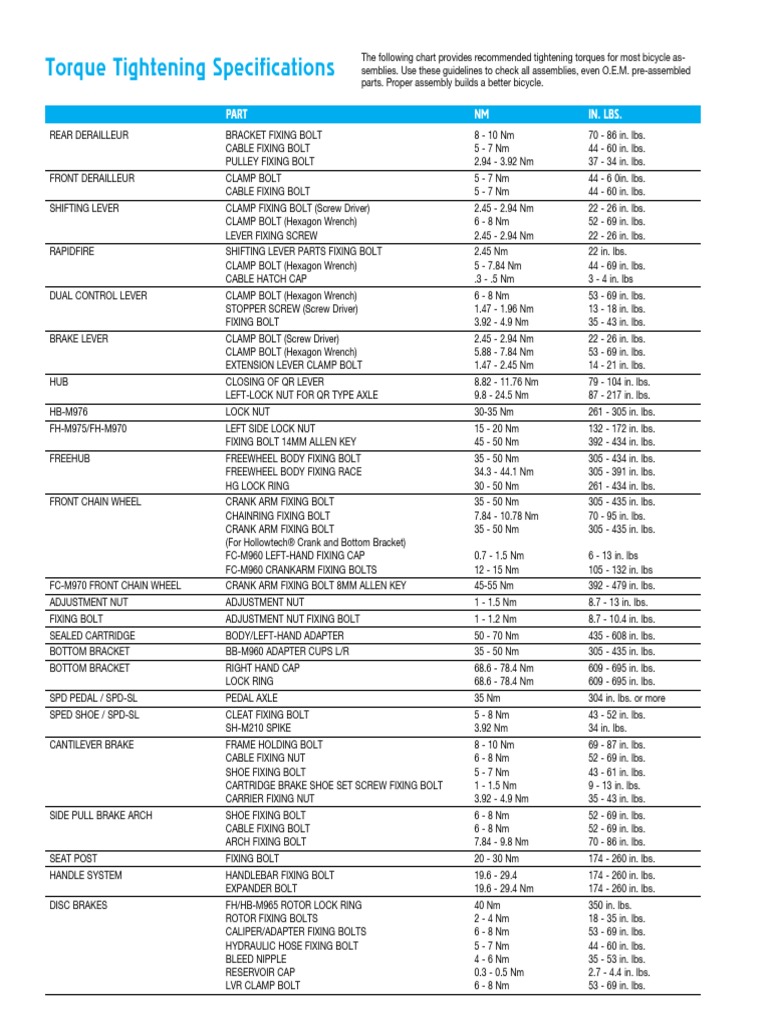 Shimano Bike General Torque Specs PDF | PDF | Technology & Engineering