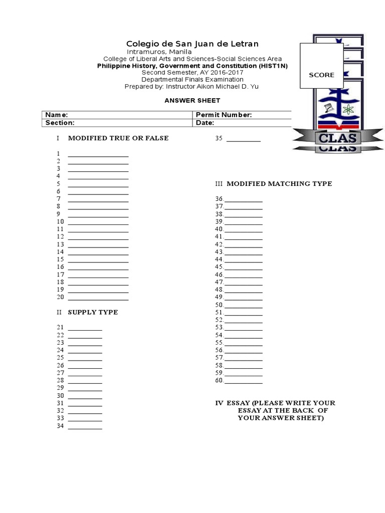 Colegio de San Juan de Letran: Name: Permit Number: Section: Date ...