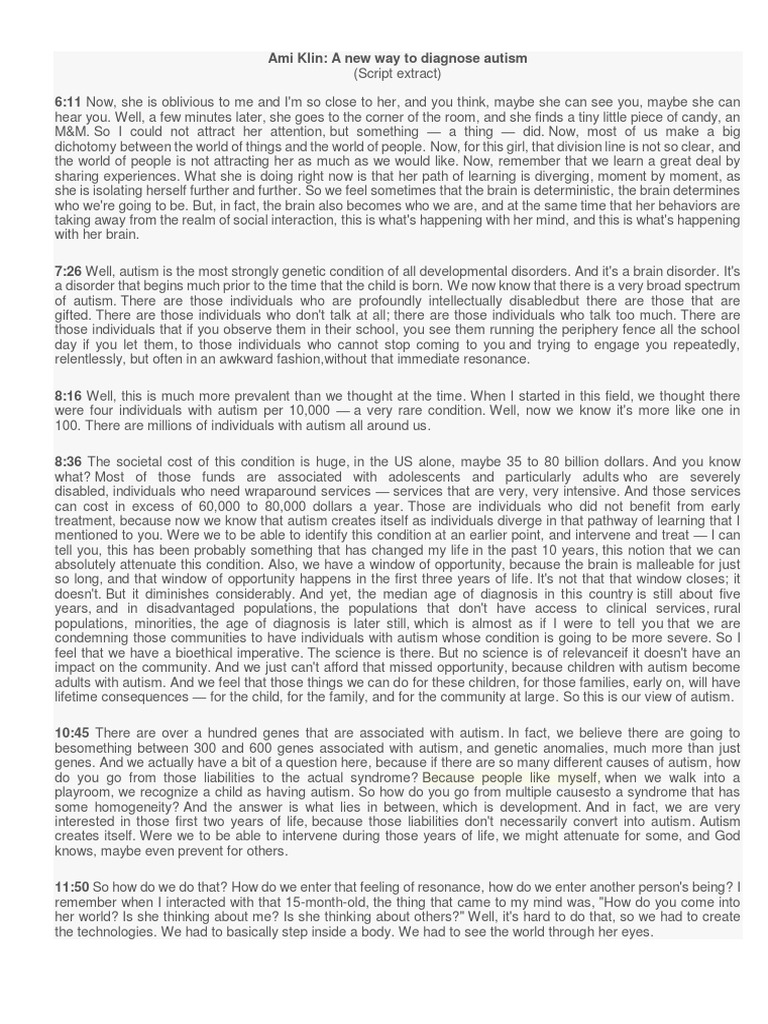 Ami Klin A New Way To Diagnose Autism Script Extract | PDF | Autism | Abnormal Psychology
