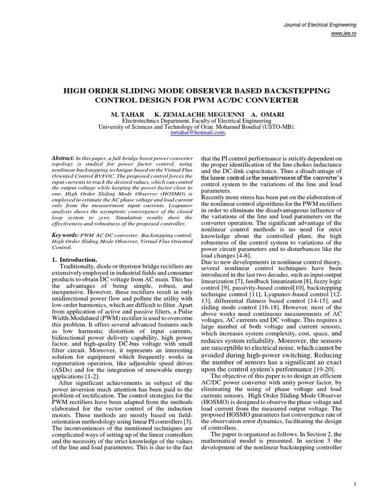 High Order Sliding Mode Observer Based Backstepping Control Design For PWM Acdc Converter | PDF ...