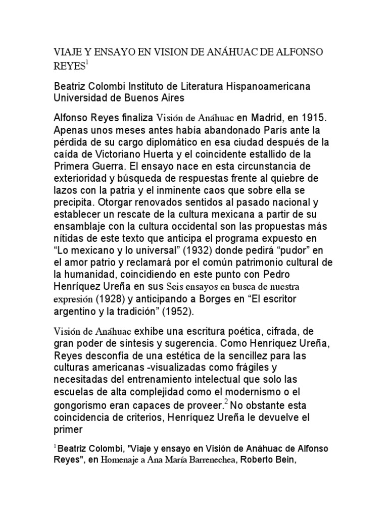 Viaje y Ensayo en Vision de Anáhuac de Alfonso Reyes | PDF | Ensayos ...