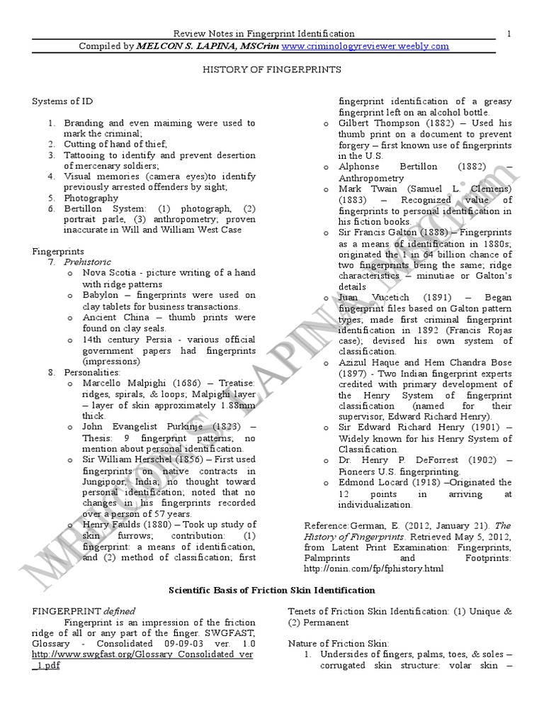 Fingerprint Identification Reviewer Abridged | PDF | Fingerprint | Hand